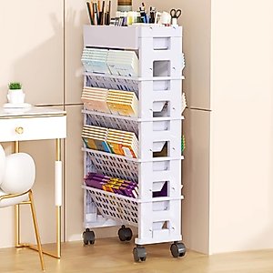 5 Tier Book Rack Storage Bookshelf, Movable Unique Bookcase, Large Capacity Utility Organizer White Bookshelves for Children Students Study in Bedroom Living Room Home School,White