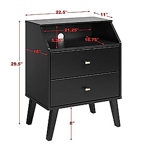 Prepac Milo Mid Century Modern Night Stand with Angled Top, 2-Drawer, Black