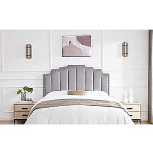 Kingfun Mid Century Headboard for Queen Size Bed, Velvet Upholstered Tufted Bed Headboard with Nailhead Decor, Adjustable Curved Solid Wood Head Board Vertical Channel Design (Medium Grey)