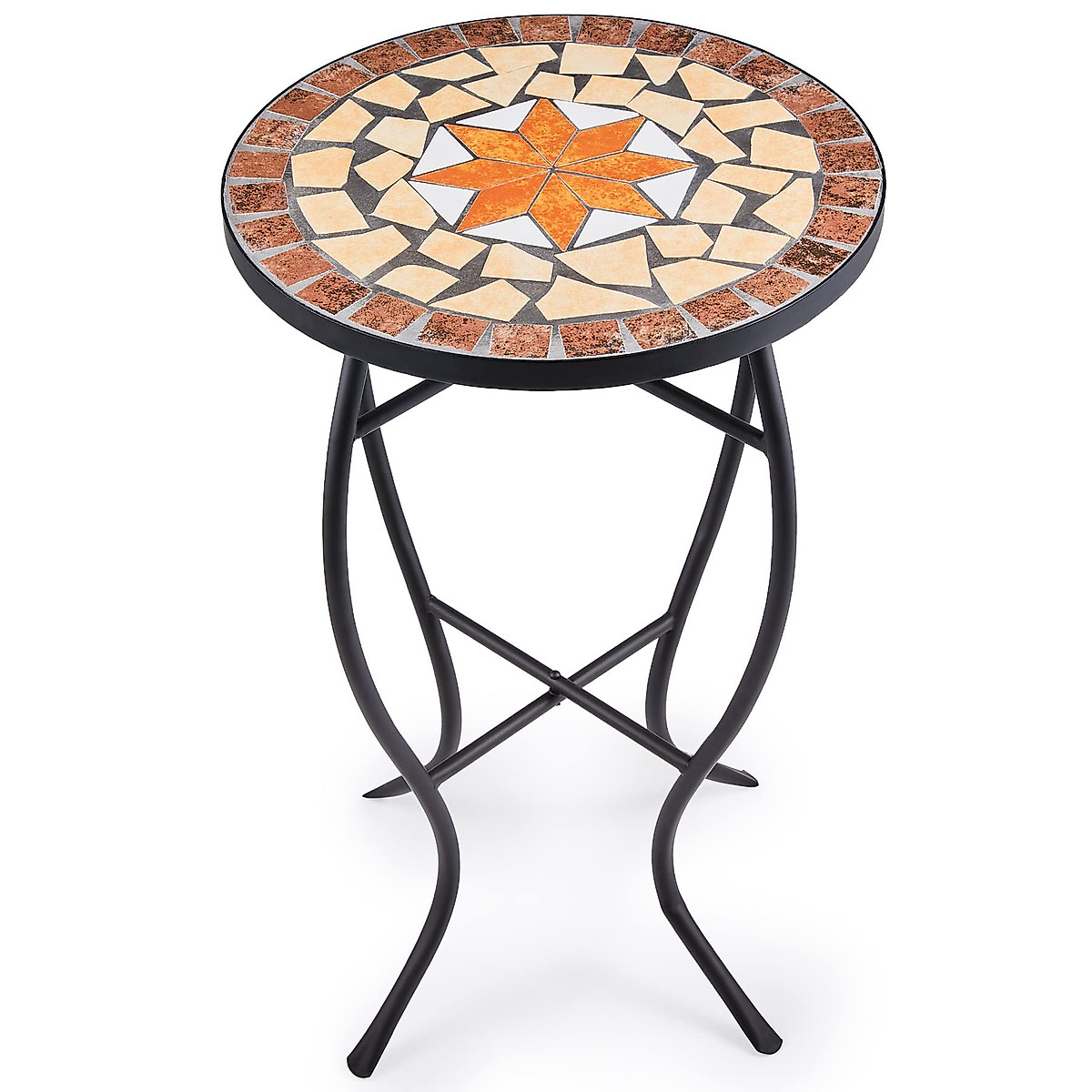 VONLUCE Mosaic Side Table and Plant Stand, 21" Round End Table with 14" Ceramic Tile Top, Indoor & Outdoor Accent Table, Porch Patio Furniture, Entryway & Coffee Table for Home & Garden, Maple