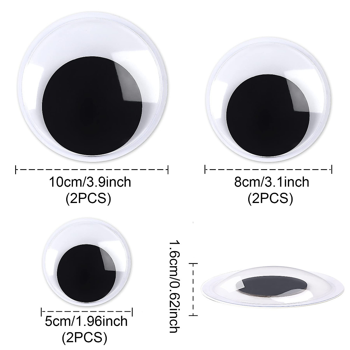 6 Pieces Googly Google Eyes Self Adhesive Googlie Craft Wiggle Eyes (2 Inches 3 Inches 4 Inches)