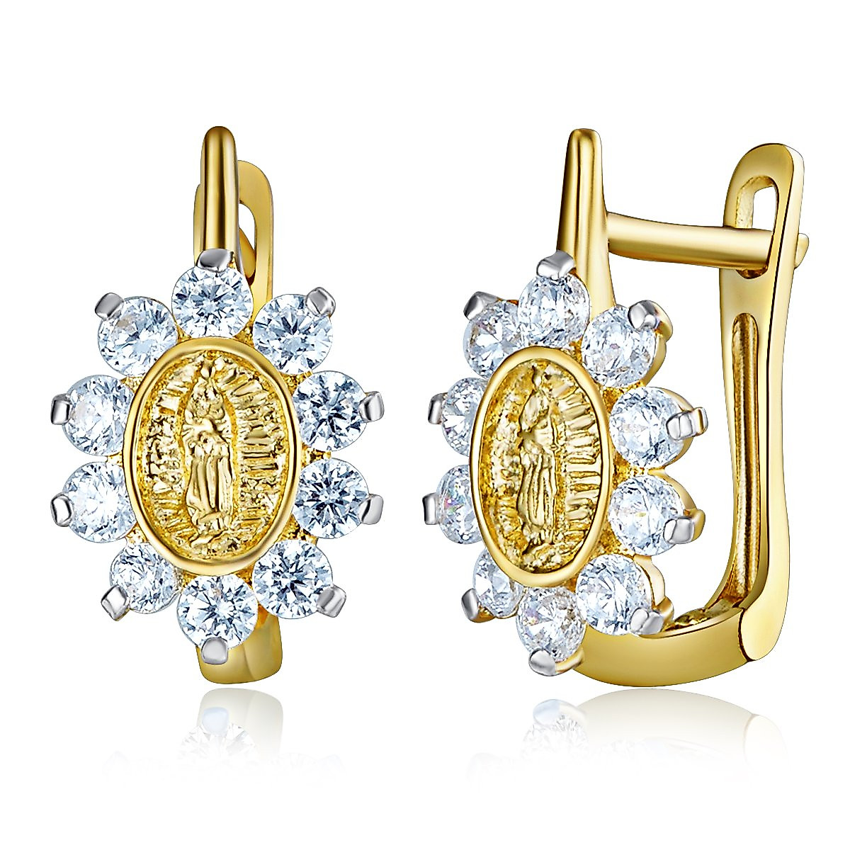 14k REAL Yellow Gold CZ Our Lady of Guadalupe Huggie Hoop Earrings