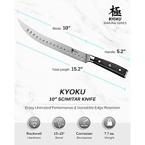 KYOKU 10" Scimitar Knife, Samurai Series Cimitar Breaking Knife with Pakkawood Handle, Japanese High Carbon Steel Butcher Knife, Full Tang Meat Slicing Knife for Roast Ham Poultry with Sheath and Case