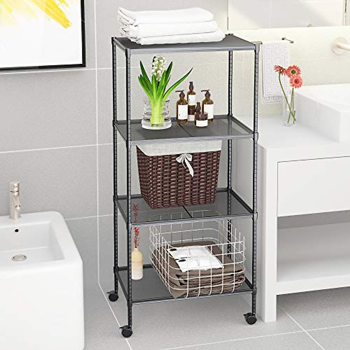 OVICAR 4-Tier Wire Storage Shelves, Adjustable Shelving Units with Wheels, Steel Metal Storage Rack for Kitchen Pantry Closet Laundry, Durable Organizer Garage Tool Storage Shelf (Black, 4 Tiers)