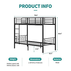 LAGRIMA Bunk Beds Frame Twin Over Twin, Heavy Duty Twin Size Metal Bunk Bed Frame with Guardrail & Ladders , Space-Saving, Noise Free, No Box Spring Needed (Black) bunkbed2685