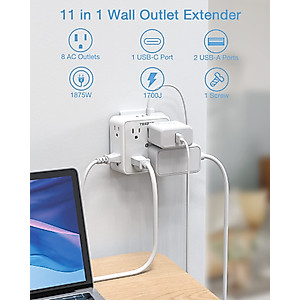 Surge Protector 8 Outlet Extender, TESSAN Multi Outlet Splitter with 3 USB Wall Charger (1 USB C Port), 3-Sided Multiple Plug Power Strip 1700J, USB Charging Station for Home Office Dorm Room