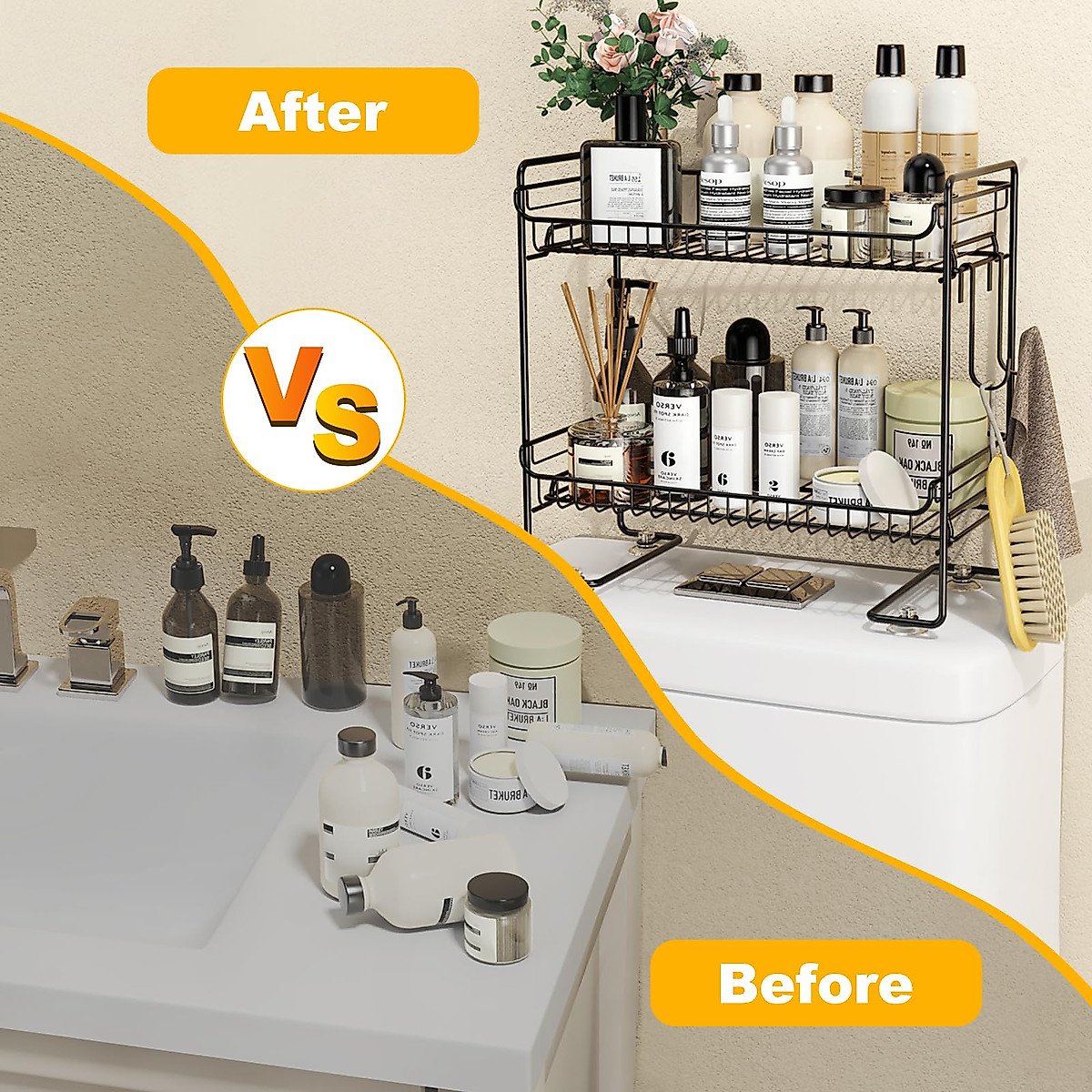 Johamoo Over The Toilet Storage, 2-Tier Bathroom Organizer Shelves, Multifunctional Bathroom Storage Rack with 4 Suction Cup, No Drilling Space Saver with Hooks, Upgrade Non-Adhesive, Black