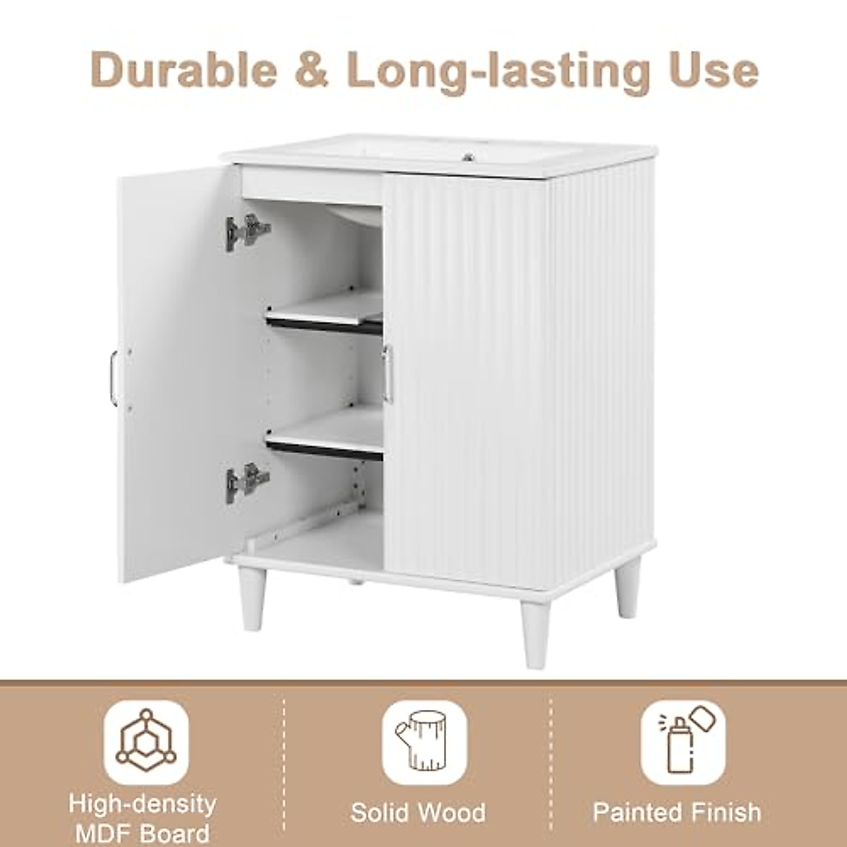 Merax, White 24" Bathroom Vanities Cabinet with Sink, Freestanding Multi-Functional Storage Organizer, Two Doors and Adjustable Shelves