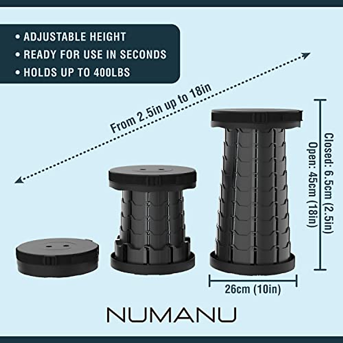 NUMANU New-Gen Collapsible Stool 2-Pack w/Carabiner Clips - Lightweight, Sturdy, Portable, Adjustable Telescoping Compact Folding Chair or Foot Rest for Travel, BBQ, Camping, Queue - Max 400lbs