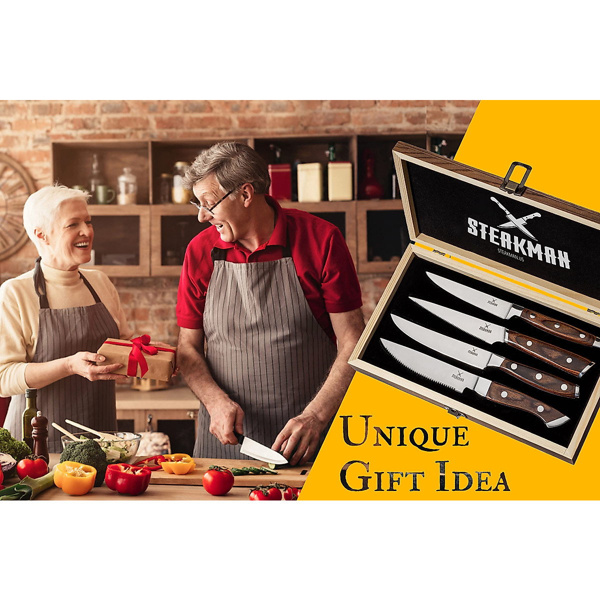 Kitchen Easter Gifts - Steak Knife Set - Unique Present in Wooden Gift Box - Gift Idea for Men Women Wife Husband Dad Mom Adults – Wooden Handles Knives - Gifts for Birthday Anniversary Wedding
