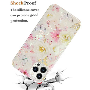 J.west iPhone 13 Pro Max Case 6.7 inch,Luxury Sparkle Glitter Soft Clear Colorful Opal Pearly Thinfoil Design Shiny Floral Print Silicone Cover for Women Girls Slim TPU Protective Phone Case