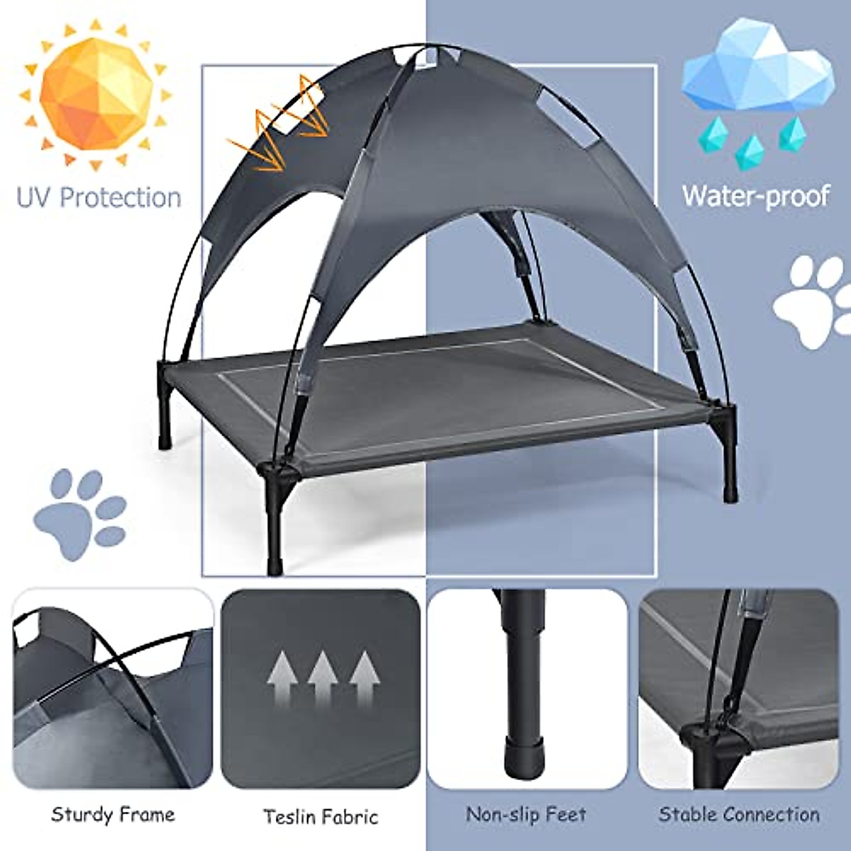 PETSITE Cooling Elevated Dog Bed, Portable Raised Dog Cot Bed with Removable Canopy, Outdoor Pet Hammock Bed for Small, Medium & Large Dogs