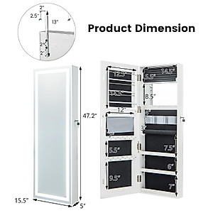 Giantex Jewelry Cabinet Armoire Door Wall Mount, 47.2in Lockable Touch Screen Lighted Full Length Mirror, 3 Lighting Settings, Inside Makeup Mirror, Jewelry Storage Box Organizer (Grayish White)
