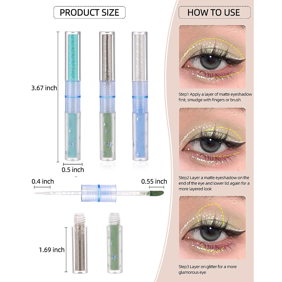 LYSdefeu 2 in 1 Long Lasting Glitter Liquid Matte Eye shadow, Green Blue Shimmer Liquid EyeShadow Kit – 3 Pcs High Pigmented Velvet Cream Eyeshadow Eyeliner Stick, Create Korean Eye Makeup