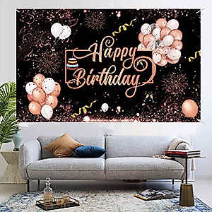 Rose Gold Happy Birthday Theme Fabric Sign Poster Banner Backdrop with Firework,Star,Balloons,Cakes Pattern for Brithday Photo Booth Background Party Decorations Supplies