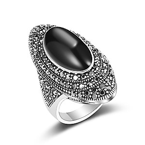Mytys Retro Vintage Cocktail Statement Ring Black Marcasite & Crystal Rings for Women Antique Silver Big Black Onyx Stone Ring (Silver 3, 9)