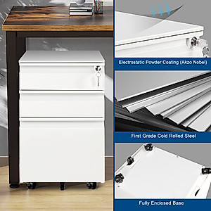PACHIRA E-Commerce Mobile File Cabinet with 3 Drawers Heavy Duty 19.69" D x 15.35" W x 23.62" H, Fully Assembled, Filing Cabinet Vertical File Under Desk for Legal/Letter/A4 File, White