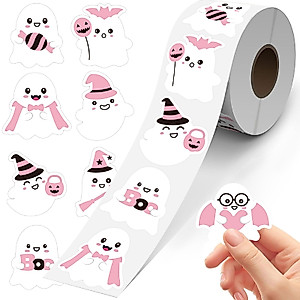 AnyDesign 1000Pcs Halloween Stickers Roll Pink Ghost Self Adhesive Stickers Round Label Stickers Decals for Crafts Gifts Candy Bags Party Supplies, 8 Designs