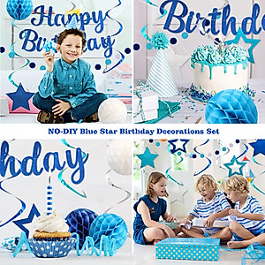 YEOCU Birthday Decorations, NO DIY, Pre-Strung Happy Birthday Banner with Honeycomb Balls, Hanging Swirls, Circle Dots Garland, Happy Birthday Party Decorations for Women Men Boys Girls (Blue)