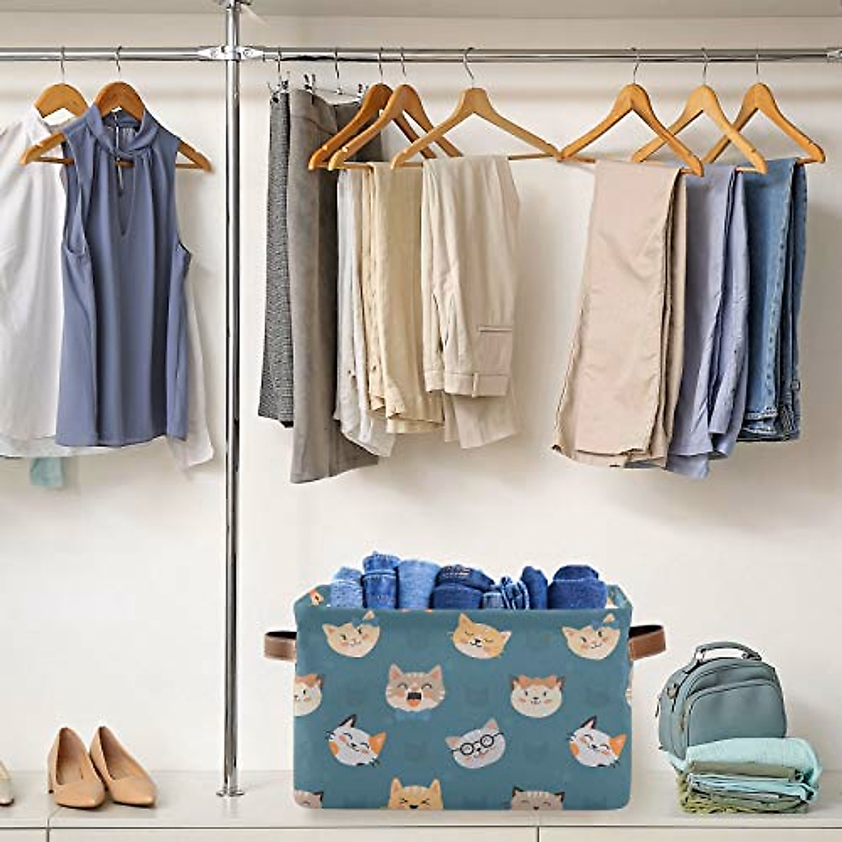 MNSRUU Storage Basket Cat Heads Collapsible Organizer Basket with PU Handles, Waterproof Nursery Basket Storage Bin for Shelves for Organizing Closet