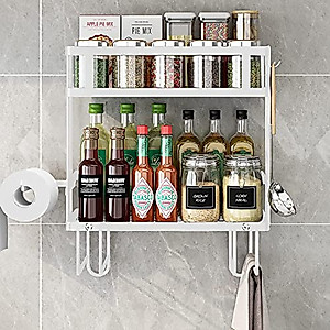 JOYKI Bathroom Over The Toilet Storage Shelf,2-Tier Bathroom Organizer, Restroom Organizers with Adhesive Base and Hooks,Anti-Tilt No Drilling Wall Mounting Rack Toilet Paper Hanger,White