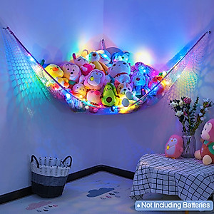 Basumee Stuffed Animals Net or Hammock with LED Light Hanging Toy Net Hammock for Stuffed Animals Storage Stuff Animals Hammocks for Nursery Kids Room with Remote Control, 8 Kinds of Lights(Pack of 1)