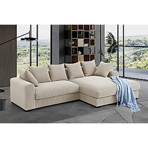 ACQCA 110" Modern Sectional Sofa with Right Facing Chaise, L Shaped Sleeper Couch with 6 Throw Pillows, Corduroy Loveseat for Living Room, Apartment, Beige 1