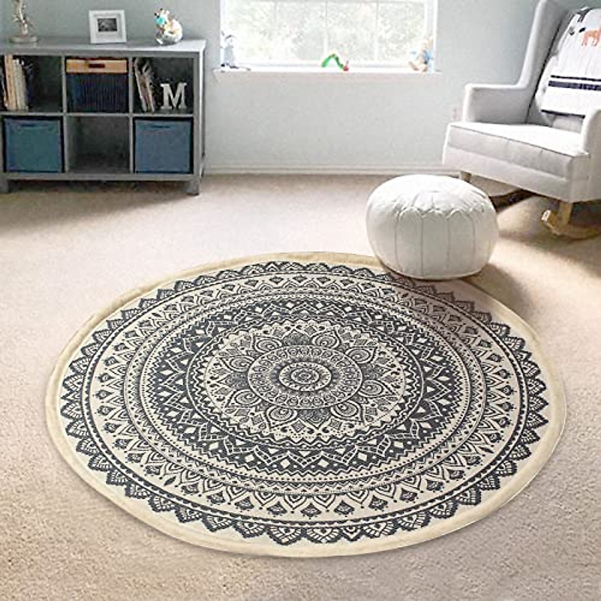 nd Round Rugs 3ft Bedroom Rug Mandala Bohemian Vintage Pattern Round Carpet Circle Area Rug Cotton Hand Woven Table Rug with Tassels Indoor Living Room Kids Room Bathroom mat, Black/Blue