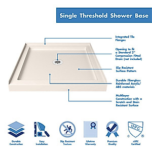 DreamLine SlimLine 36 in. D x 36 in. W x 2 3/4 in. H Center Drain Single Threshold Shower Base in Biscuit, DLT-1136360-22