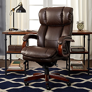 La-Z-Boy Fairmont Big and Tall Executive Office Chair with Memory Foam Cushions, High-Back with Solid Wood Arms and Base, Bonded Leather, Big & Tall, Biscuit Brown