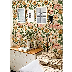 HAOKHOME Vintage Boho Floral Peel and Stick Wallpaper Peonies Removable Rose Beige/Pink/Oliva Vinyl Self Adhesive Contact Paper 17.7in x 9.8ft