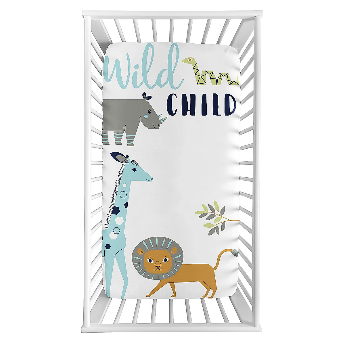 Sweet Jojo Designs Safari Animals Boy Fitted Crib Sheet Baby or Toddler Bed Nursery Photo Op - Turquoise and Navy Blue Mod Jungle Lion Giraffe