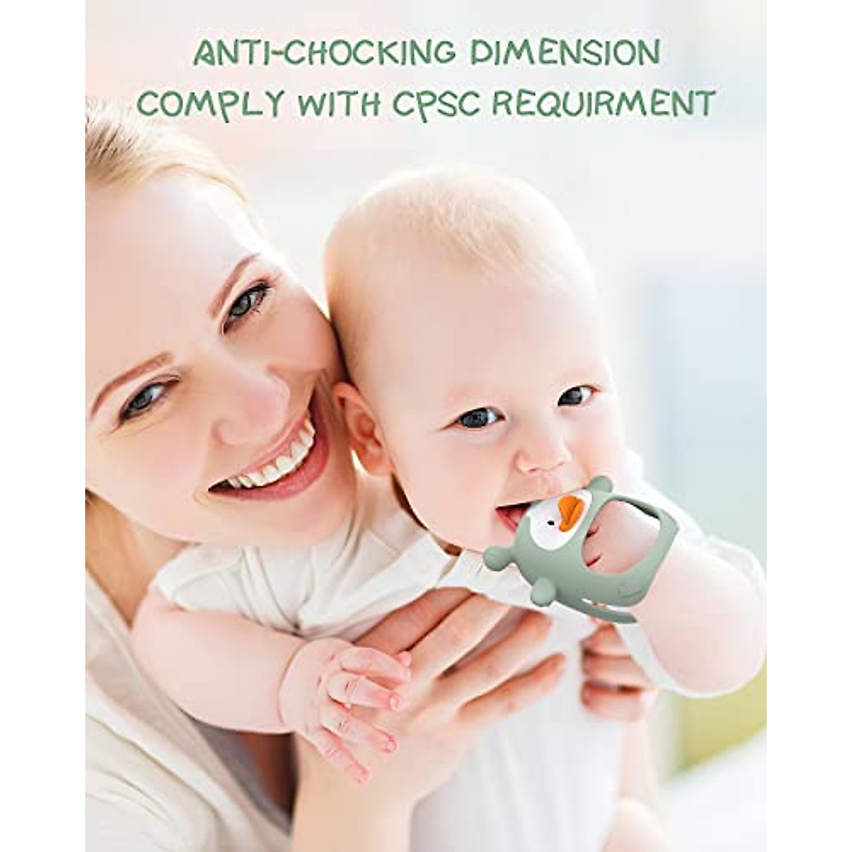 Baby Teething Toys, for Infants 3+ Months, Never Drop Silicone Baby Mitten Teether for Soothing Pain Relief, Baby Chew Toys for Sucking Needs, BPA Free (Green)