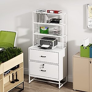 Jehiatek File Cabinets for Home Office with Lock 2 Drawer, Large Vertical Filing Cabinet with Bookshelf, Sturdy, Durable, Easy to Assemble and Clean (White), 25.59'D x 15.75'W x 62'H