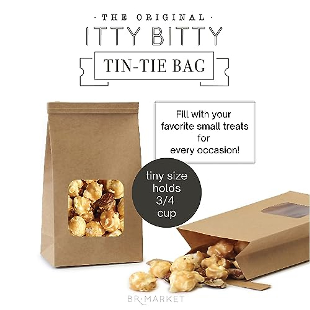 BRMARKET Small Square Window Kraft Paper Bags | 3.3 x 5.5 x 2 Inches Treat Cookie Bags with Tin Tie Closure | 50 Pcs (Disposable, Single Layer Paper, Kraft Brown)