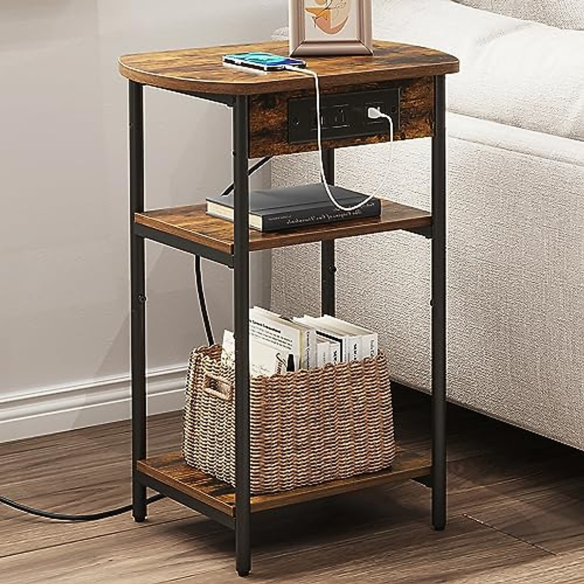 Hzuaneri End Table with Charging Station, 3 Tier Storage Bed Side Table with USB Port & Outlet, Couch Table, Nightstand for Living Room, Bedroom, Narrow Side Table, Rustic Brown and Black ET05201B