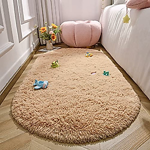 LOCHAS Fluffy Beige Bedroom Rug 2.6 x 5.3 Feet, Shaggy Area Rugs for Bedroom Bedside Girls Kids Room, Soft Oval Throw Rugs Carpets for Living Room Home Decor