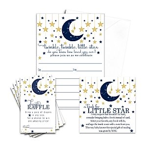 Twinkle Little Star Baby Shower Invitation Bundle (25 of Each) Blank Invites with Envelopes for Boys Diaper Raffle Insert and Bring a Book Insert Cards Set Navy and Gold Theme Celestial
