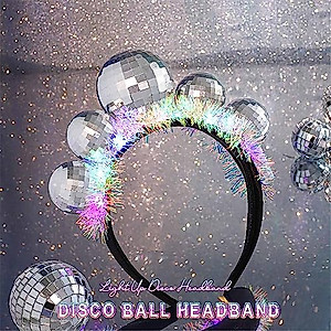 Catery Disco Ball Headband Light Up Headband Disco Headpiece Silver Mirror Ball Head Bopper Hair Hoop Headband Disco Party Costume 1970s Disco Hair Accessories for Women and Girls