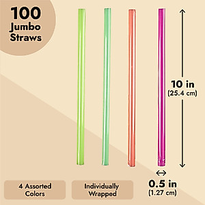100-Pieces of Plastic Disposable Jumbo Straws Individually Wrapped 10 Inches Long for Boba, Fruit Smoothies, Milkshakes, Bubble Tea (4 Colors, 0.5 Inch Diameter)