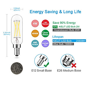 AIELIT T8/T6/T25 E12 LED Light Bulbs 40-Watt Equivalent, Natural White 4000K, Clear Glass, Tubular 4W Dimmable LED Filament Bulb for Home, Restaurant, 4-Pack