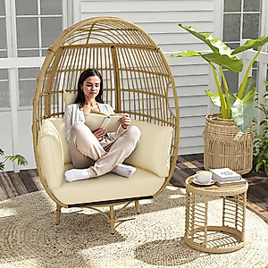 DWVO Outdoor Rotating Egg Chair, Patio Swivel Chair Oversized, 370lb Capacity, Anti-Slip, All-Weather Wicker Egg Lounger Chair for Indoor, Outside (Beige)