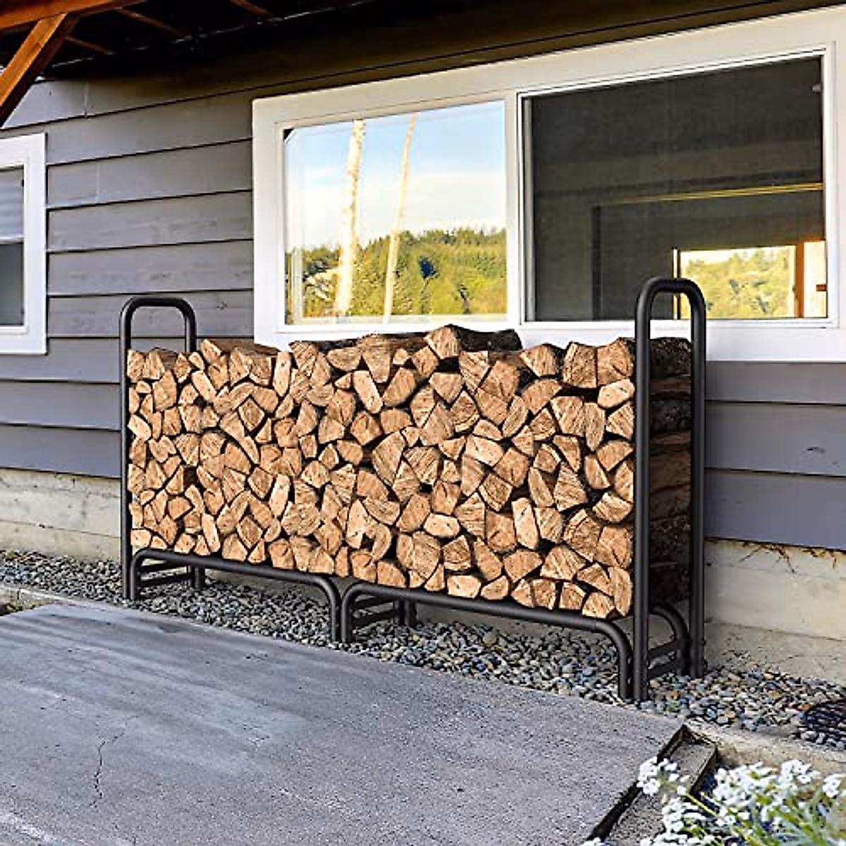 ifavor123 6.5 FT Firewood Rack Outdoor Indoor Heavy Duty Wood Rack for Firewood Log Rack with Cover Outdoors Wood Storage Stand Tubular Wood Pile Lumber Storage Stacking Log Bin Black