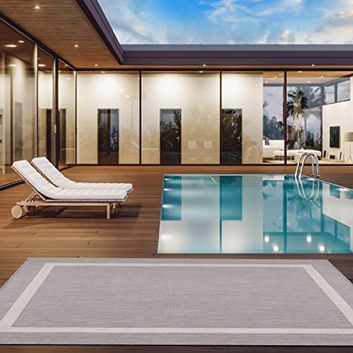 Beverly Rug Waikiki Indoor Outdoor Rug 8x10, Washable Outside Carpet for Patio, Deck, Porch, Bordered Modern Area Rug, Water Resistant, Grey - White