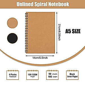 EOOUT 6 Pack Unlined Spiral Notebook, Plain Notebook, 5.5" x 8.3", 50 Sheets, Sketch Books for Gifts, Drawing, Art, Students and Office Supplies