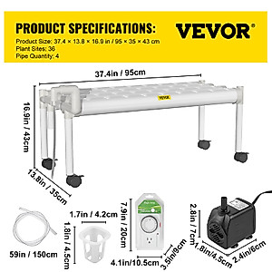 VEVOR Hydroponics Growing System, 36 Sites 4 Food-Grade PVC-U Pipes, 1 Layer Indoor Planting Kit with Water Pump, Timer, Nest Basket, Sponge for Fruits, Vegetables, Herb, White