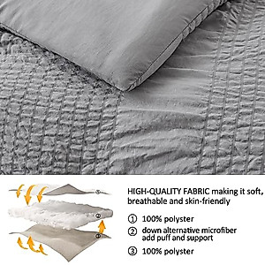 Seersucker Grey King Size Comforter Set, 3 Pieces- Soft Washed Microfiber Gray Comforter with 2 Pillowcases Shams, Fluffy Down Alternative Bedding Comforter Sets for All Season (104x90 inches)
