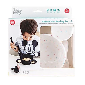 Bumkins Baby Bowls, Disney Mickey Mouse Silicone Baby Feeding Set, Suction Bowls for Baby and Toddler with Spoon, First Feeding Set, Platinum Silicone Bowl for Babies 4 Months