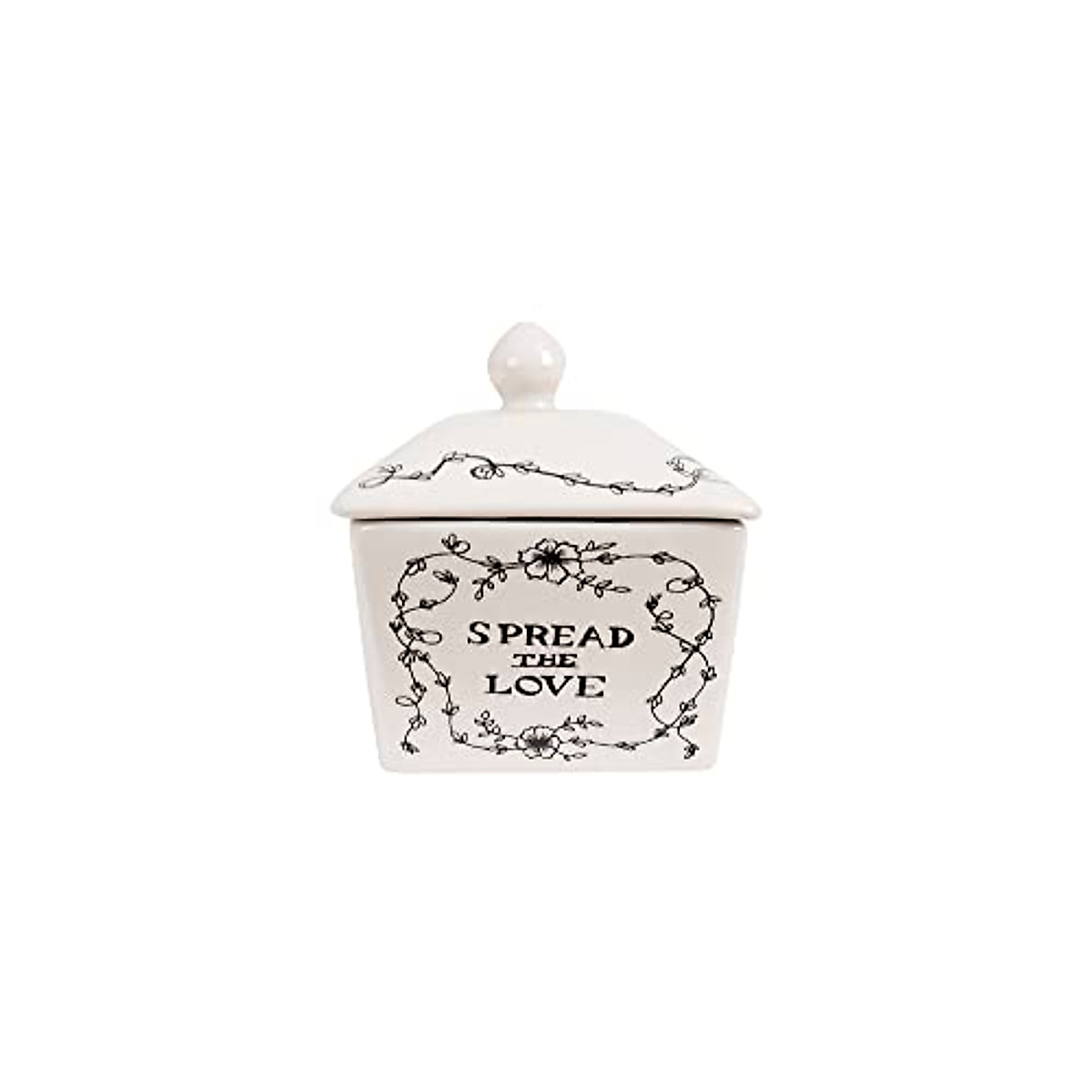Creative Co-Op Country Stoneware Butter Dish with Lid, "Spread the Love" Message, and Farm Line Drawing, White and Black