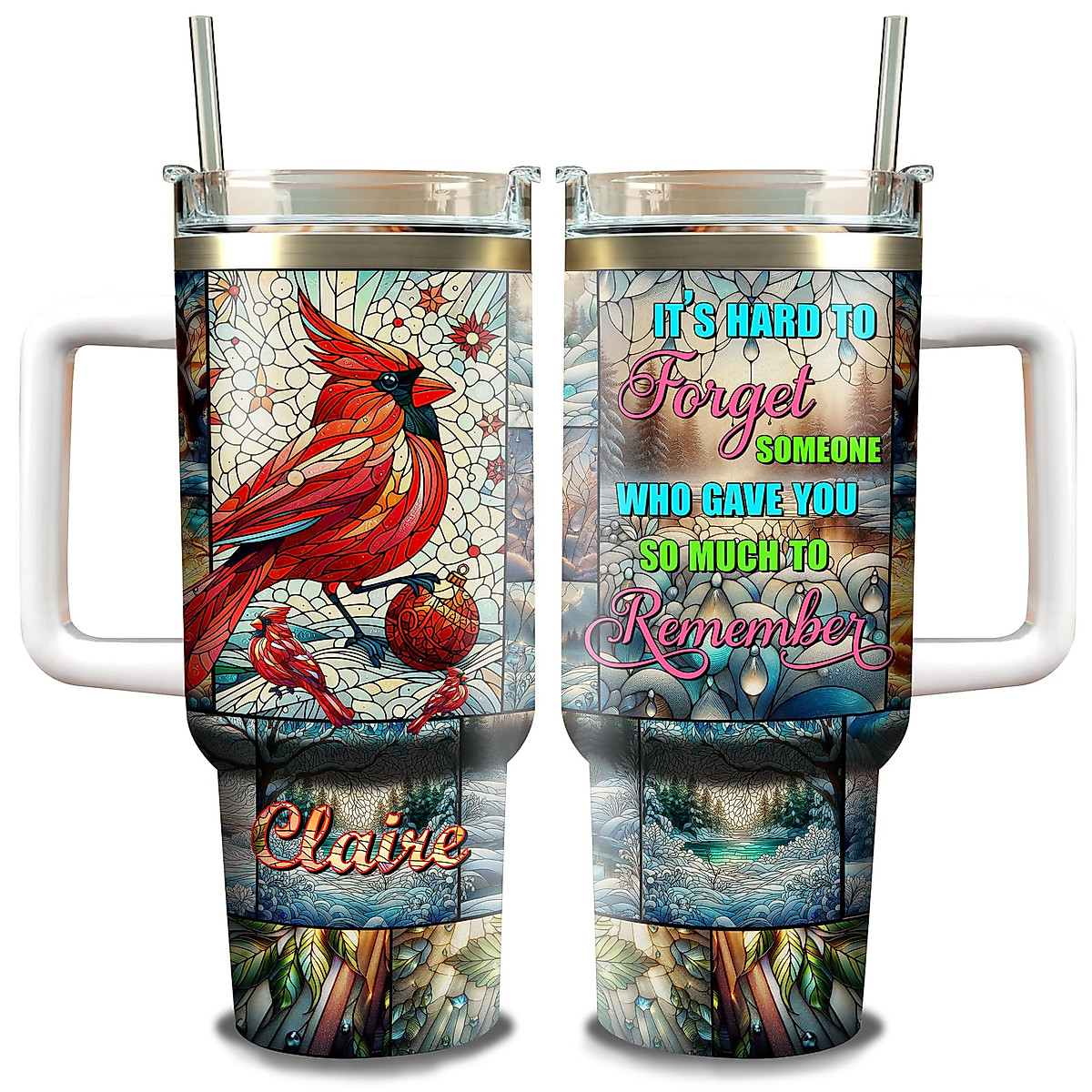 WAZONE Personalized Cardinal Birds 40oz Tumbler with Handle and Straw Lid Stainless Steel Insulated Cup Tumblers Its Hard To Forget Someone Who Gave You So Much To Remember Sympathy Gift
